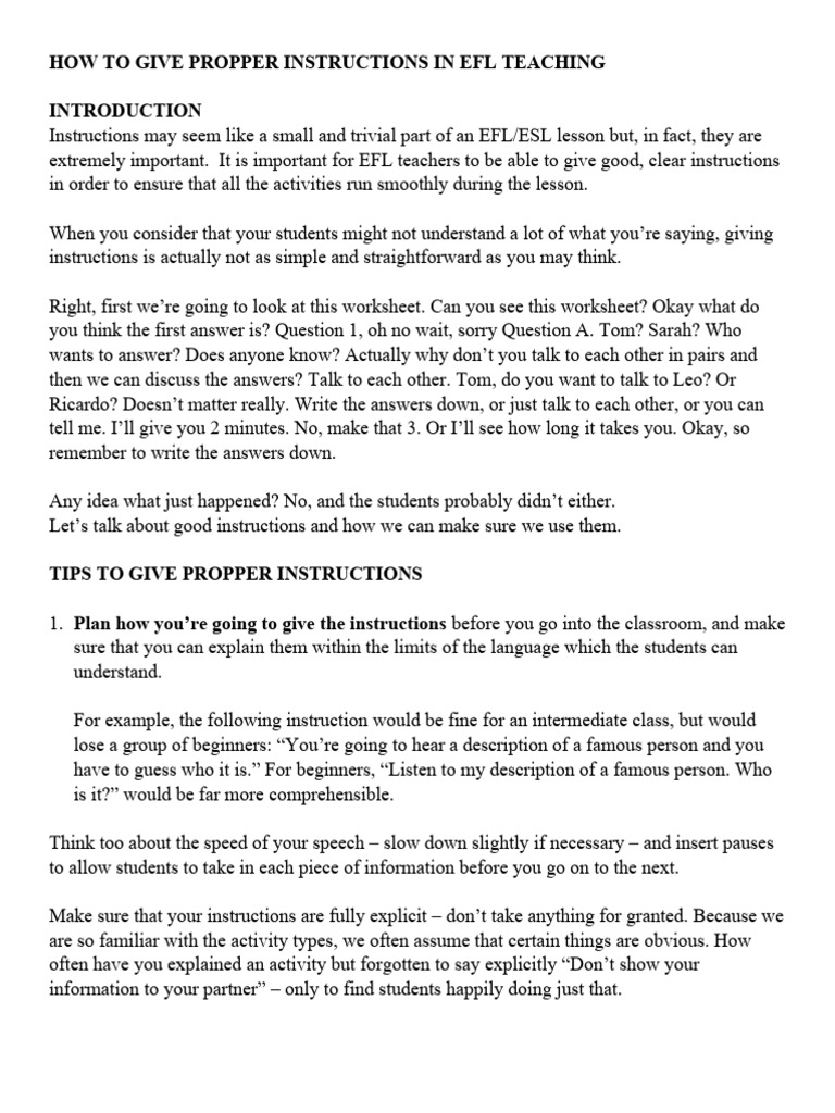 How To Give Propper Instructions in Efl Teaching | PDF | Human ...