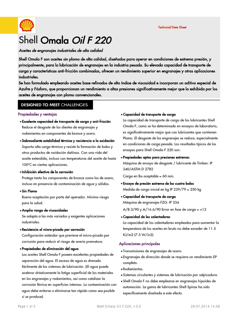 FT SH Omala Oil F 220 290714 | PDF | Engranaje | Lubricante