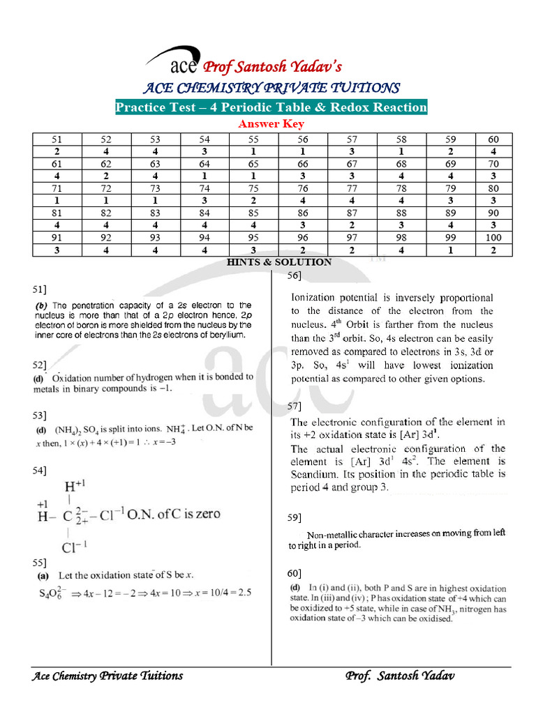 Practice Test 4 Periodic Table & Redox Reaction 19 07 24 Sol | PDF