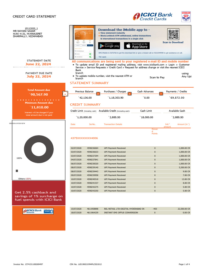 ICICI Credit Card Statement Overview | PDF | Credit Card | Payments