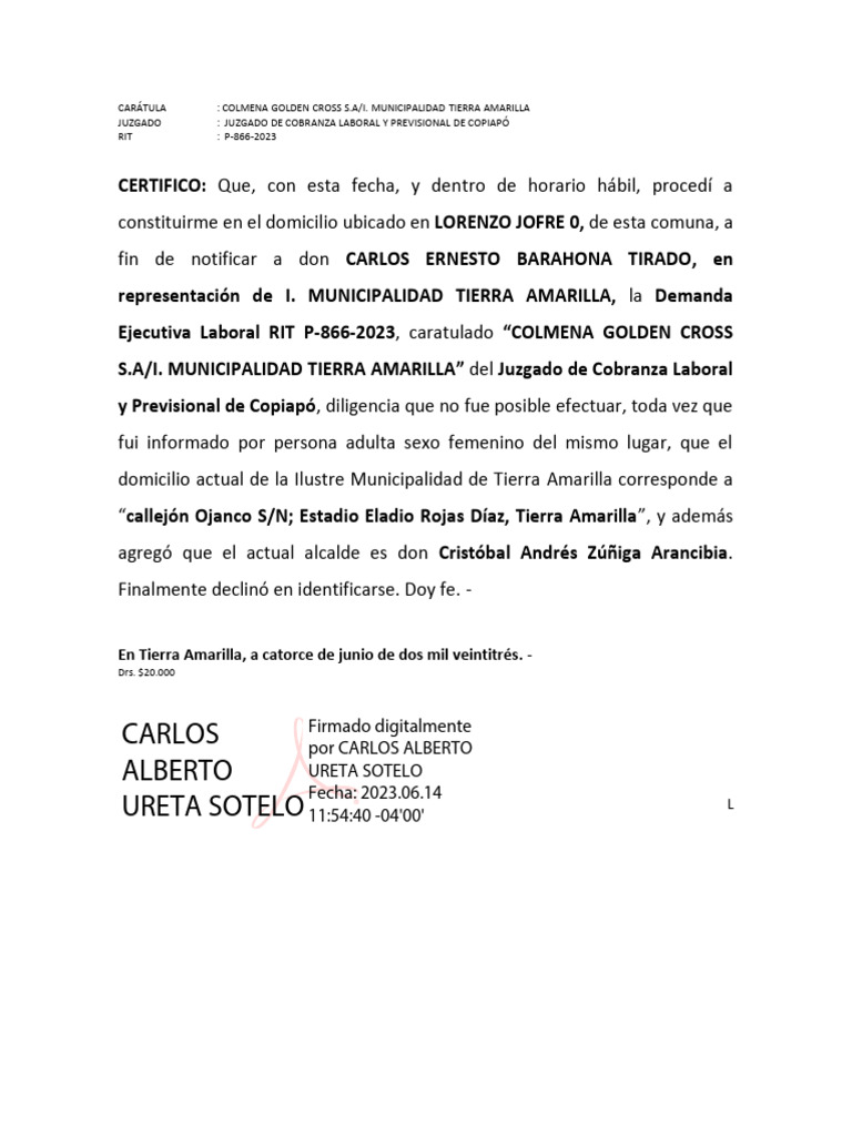Carlos Alberto Ureta Sotelo: en Tierra Amarilla, A Catorce de Junio de ...