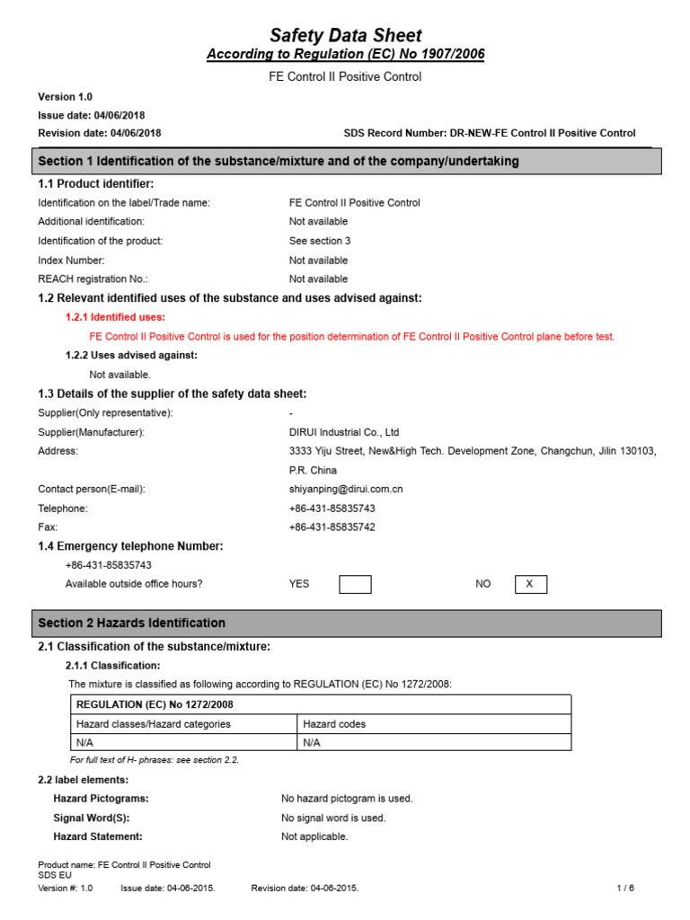 MSDS - DIRUI FE Control II Positive Control | PDF | Personal Protective Equipment | Safety