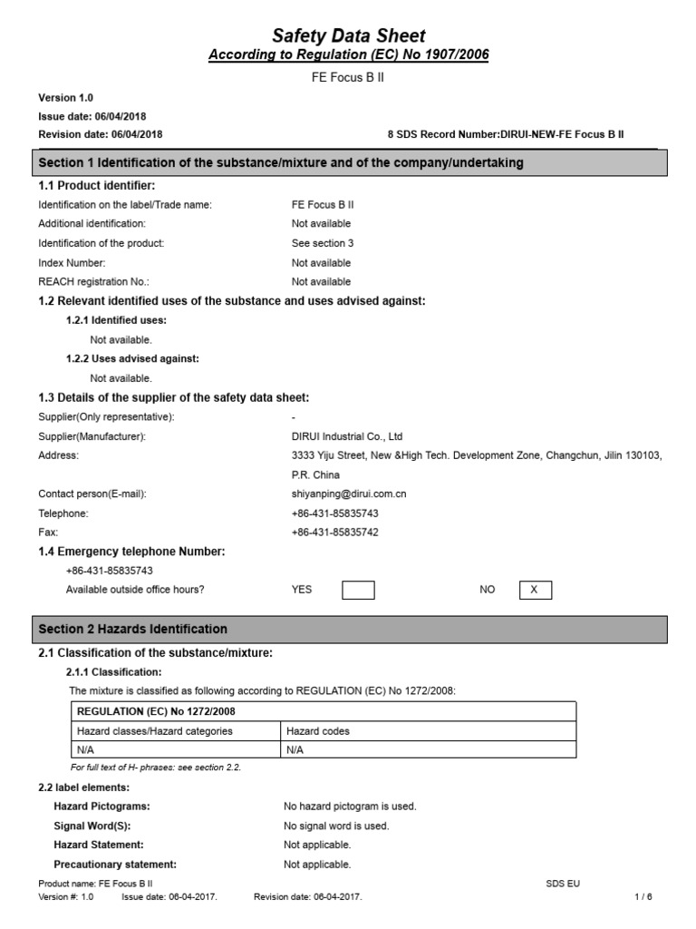 FE Focus B II Safety Data Sheet | PDF | Personal Protective Equipment ...
