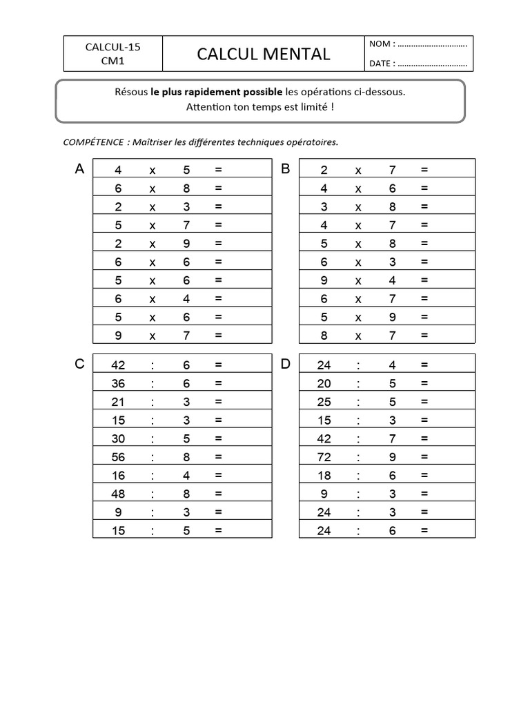Fiche Calcul Mental CM1 | PDF