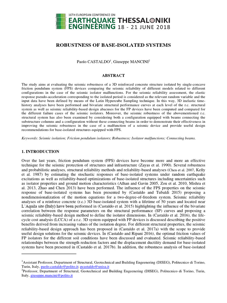 16ECEE 2018 ROBUSTNESS OF BASE-ISOLATED SYSTEMS PCastaldo | PDF | Earthquake Engineering ...
