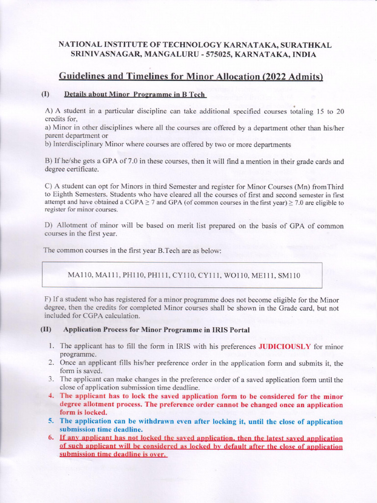 Minors Application Instructions 2022 2026 Batch | PDF