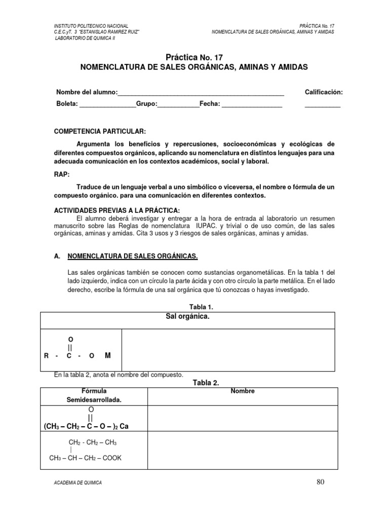 Practica No 17 NOMENCLATURA DE SALES ORGÃ - NICAS, AMINAS Y AMIDAS | PDF | Química | Sustancias ...