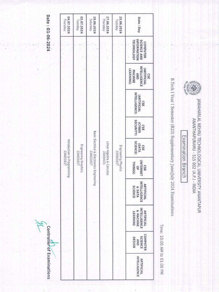 Timetable For B.tech I I R23 Supple June July 2024 Exams | PDF
