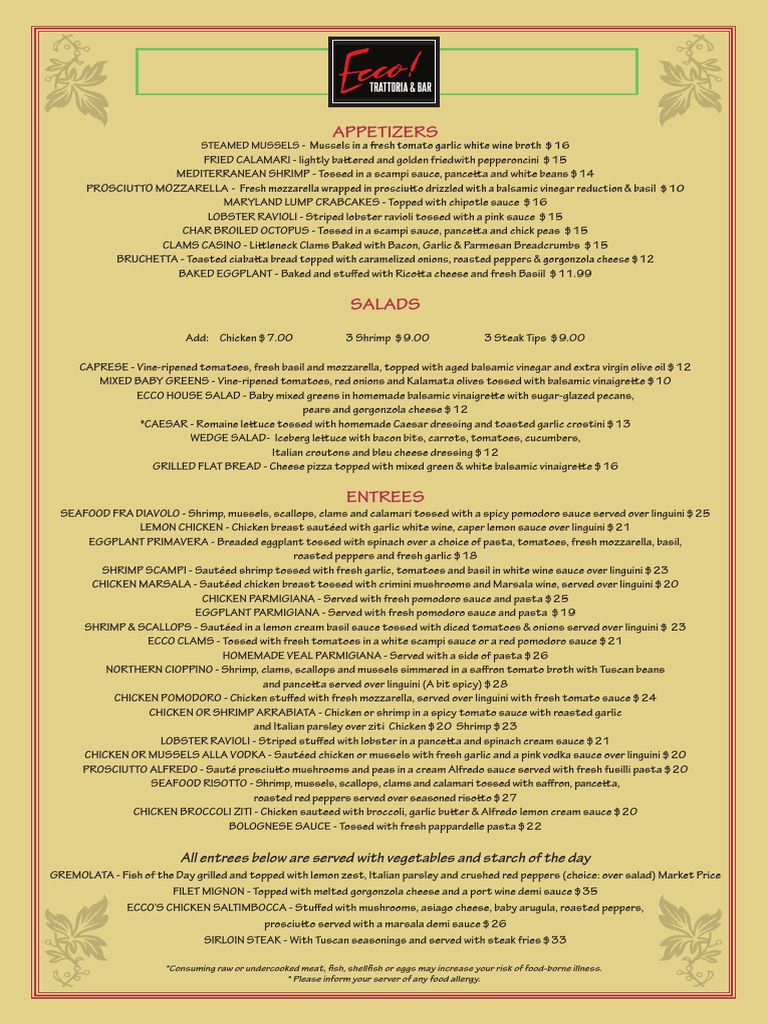 Ecco Menu 2 Sided 2 23 | PDF | Pasta | Italian Cuisine