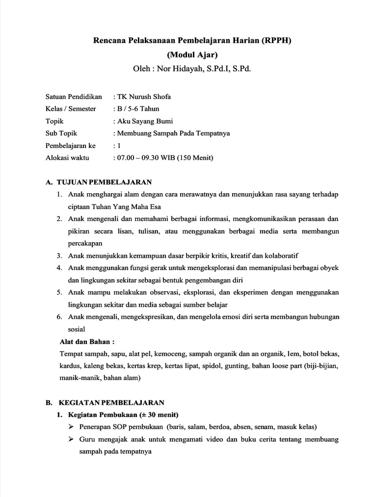 PDF Contoh Lengkap RPPH Kurikulum Merdeka Paud - Compress | PDF