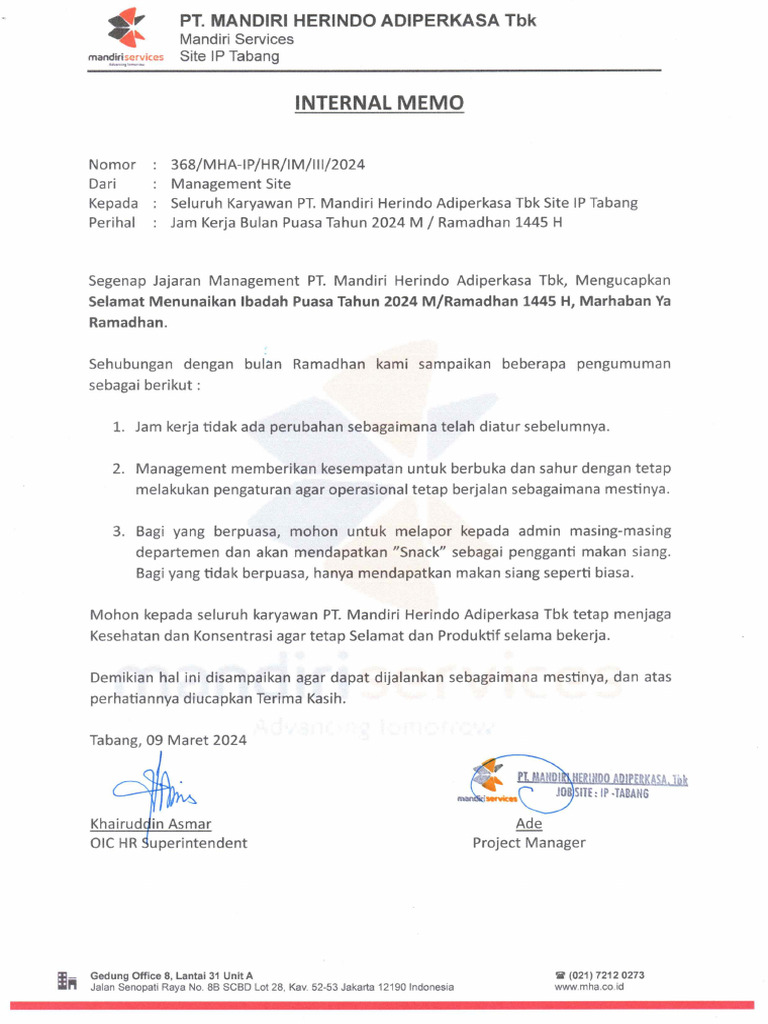 2024.03.09 INTERNAL MEMO Jam Kerja Bulan Puasa 2024 | PDF