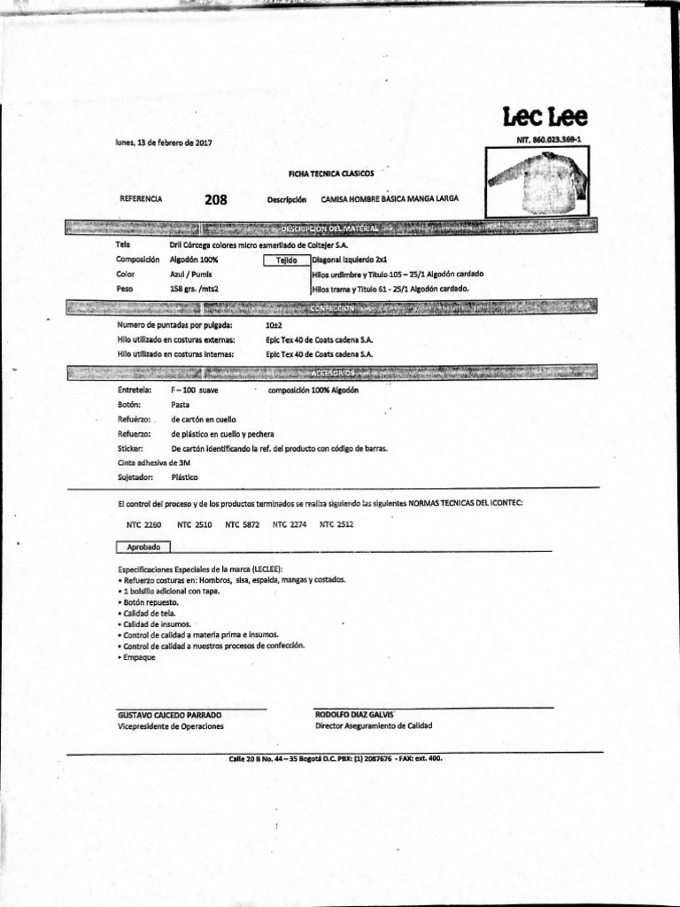 Ficha Técnica Camisa Lec Lee | PDF