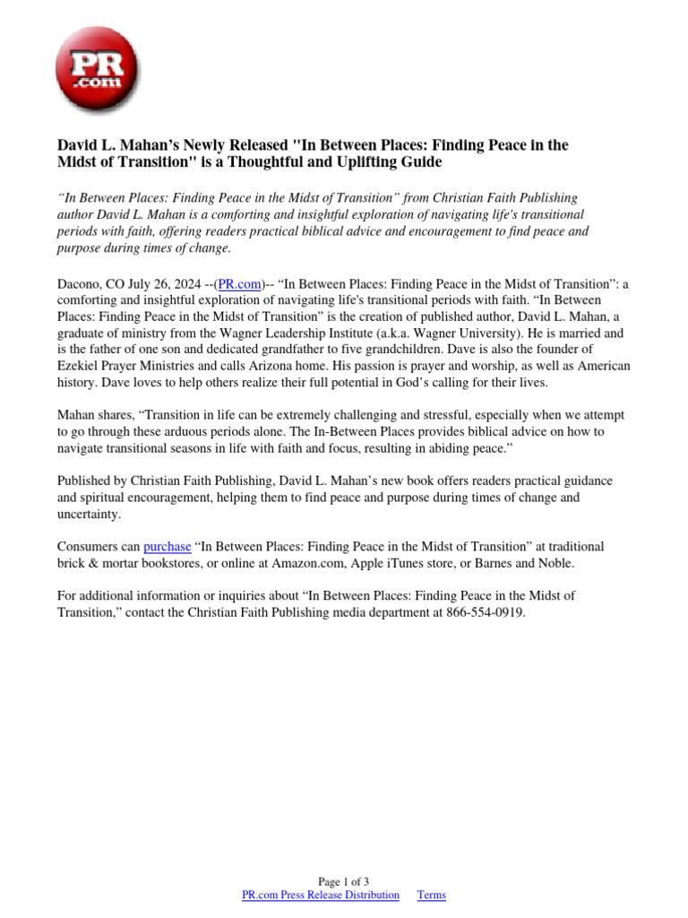 David L. Mahan's Newly Released "In Between Places: Finding Peace in ...