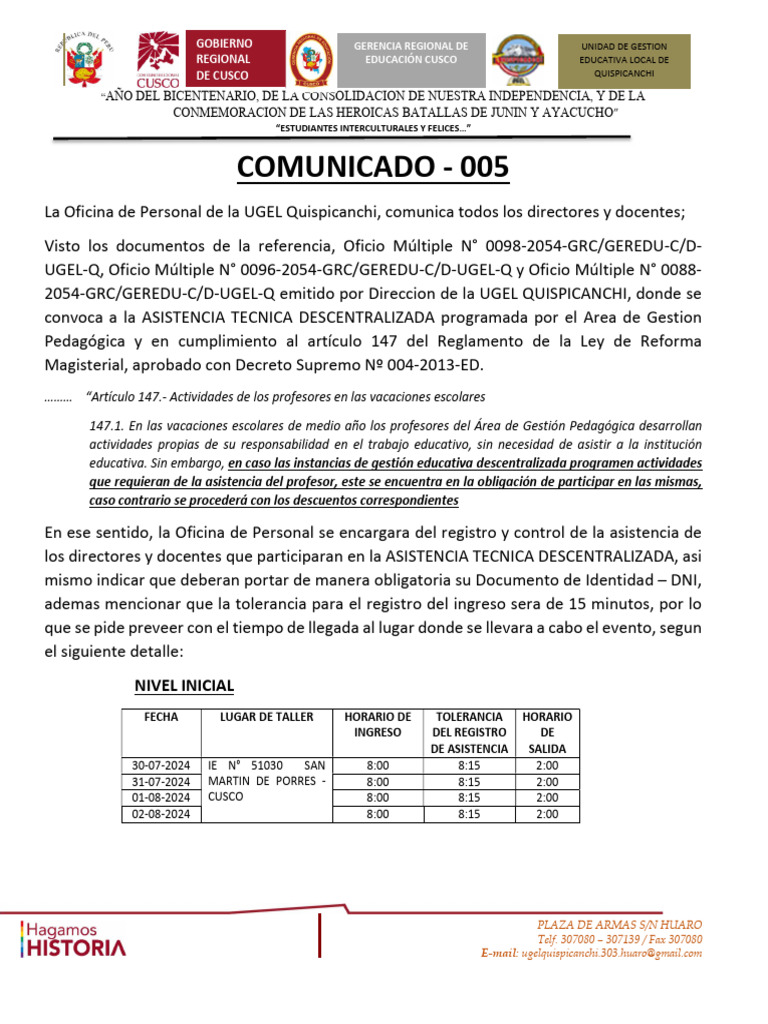 Comunicado #005 - Oficina de Personal - Registro de Asistencia | PDF | Documento de identidad ...