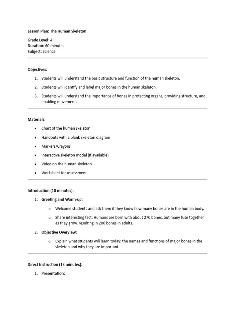 Lesson Plan Human Skeleton | PDF | Skeleton | Skull