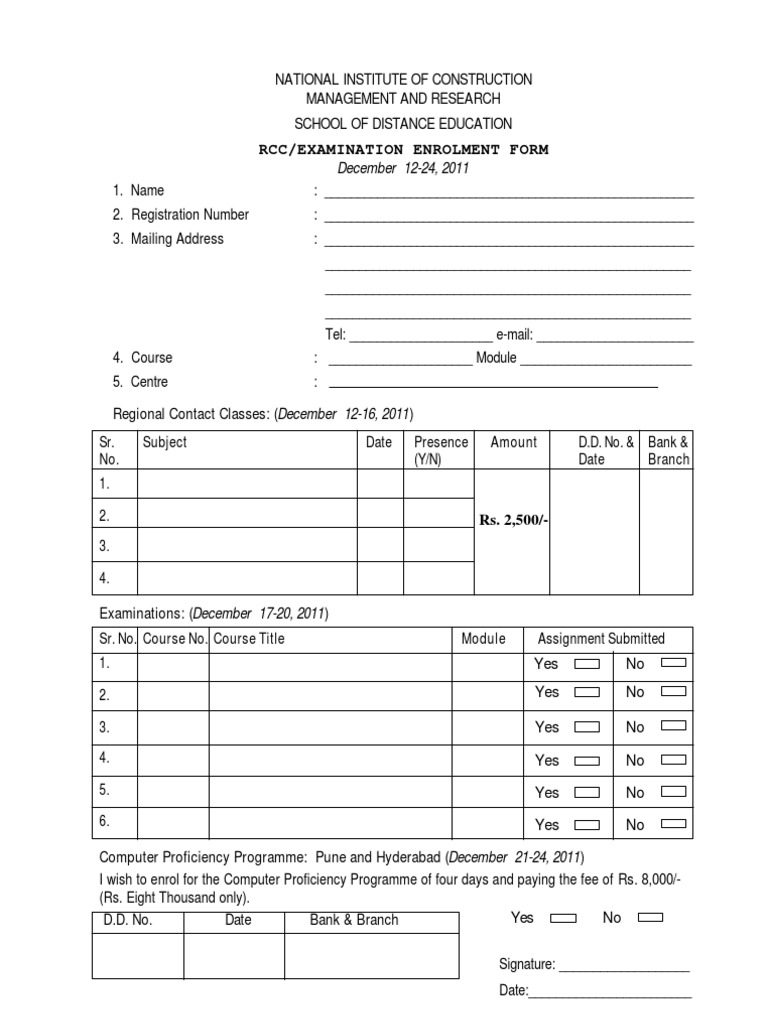 RCC Examination Enrolment Form 2011 | PDF