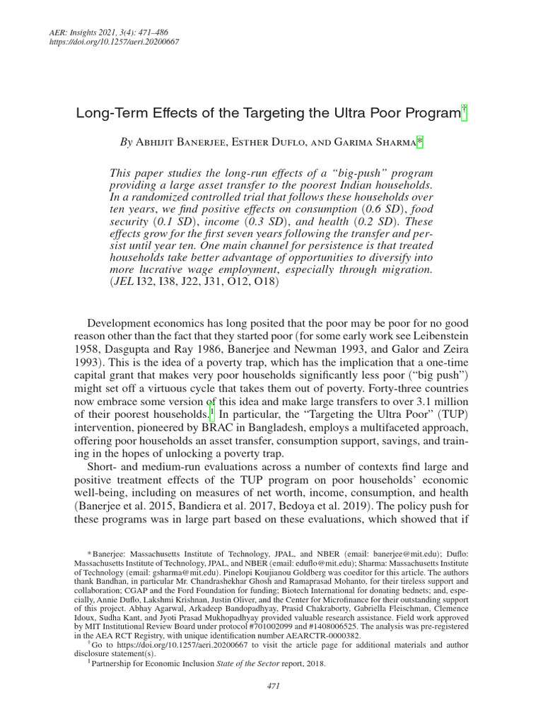 Banerjee Et Al 2021 Long Term Effects of The Targeting The Ultra Poor ...