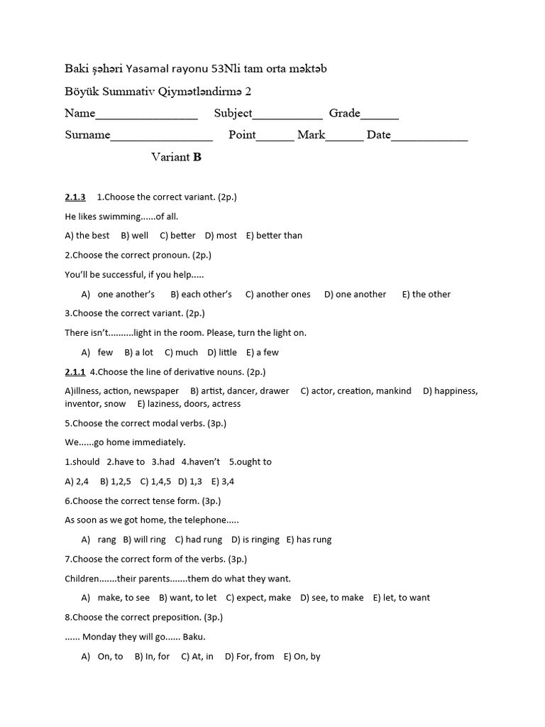 Baki School Summative Assessment 2 | PDF | Verb | Tea