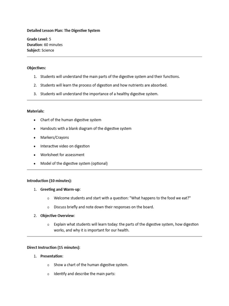 Detailed Lesson Plan Digestive System | PDF | Digestion | Human ...