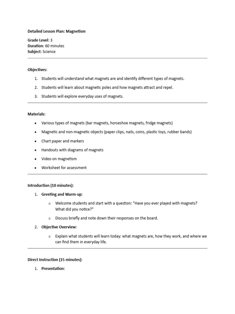 Detailed Lesson Plan Magnetism | PDF | Magnet | Magnetism