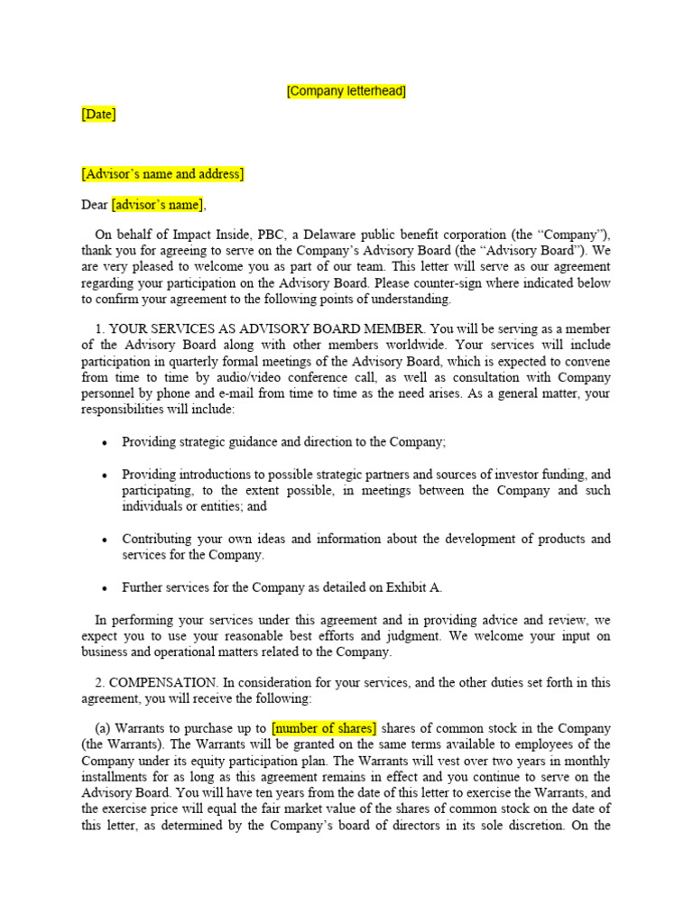 Advisory Board Letter Agreement TEMPLATE 072224 | PDF | Trade Secret ...