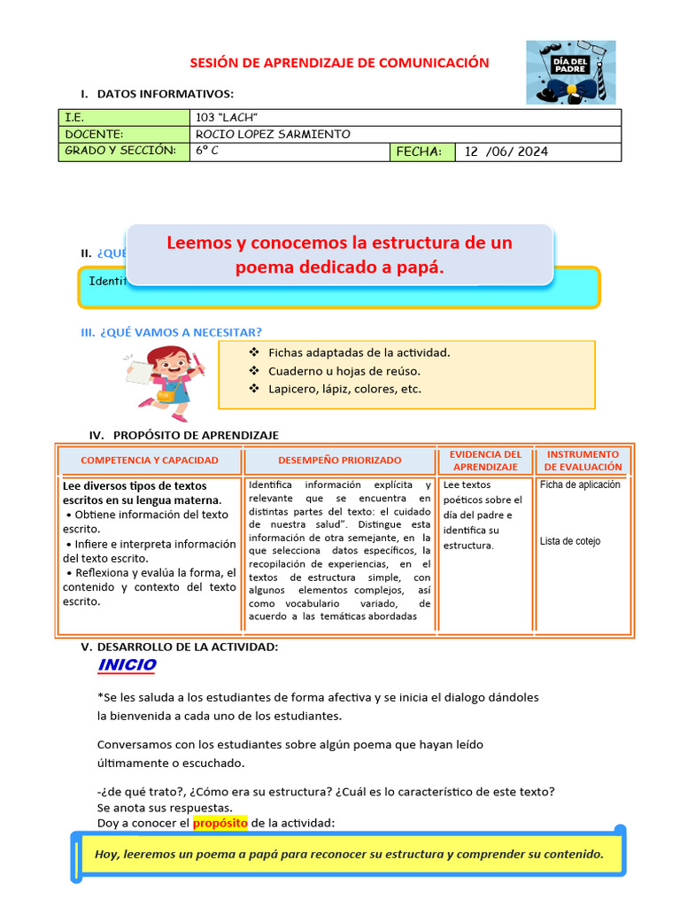 SESION COM. Leemos y Conocemos La Estructura de Un Poema Dedicado A ...