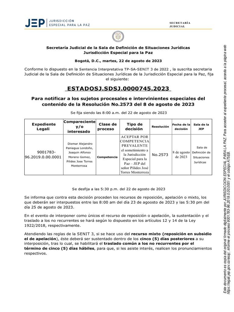 Notificación de Resolución JEP 2573/2023 | PDF | Jurisdicción | Ley ...