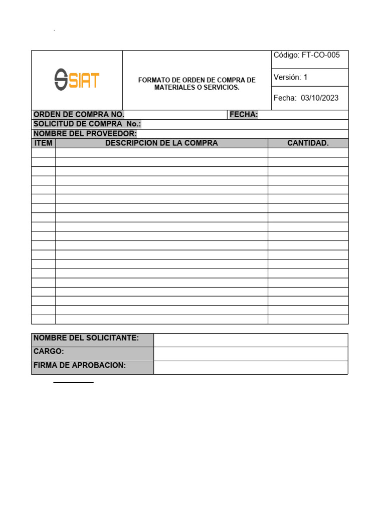 Ft-Co-005 Formato de Orden de Compra | PDF | Derecho