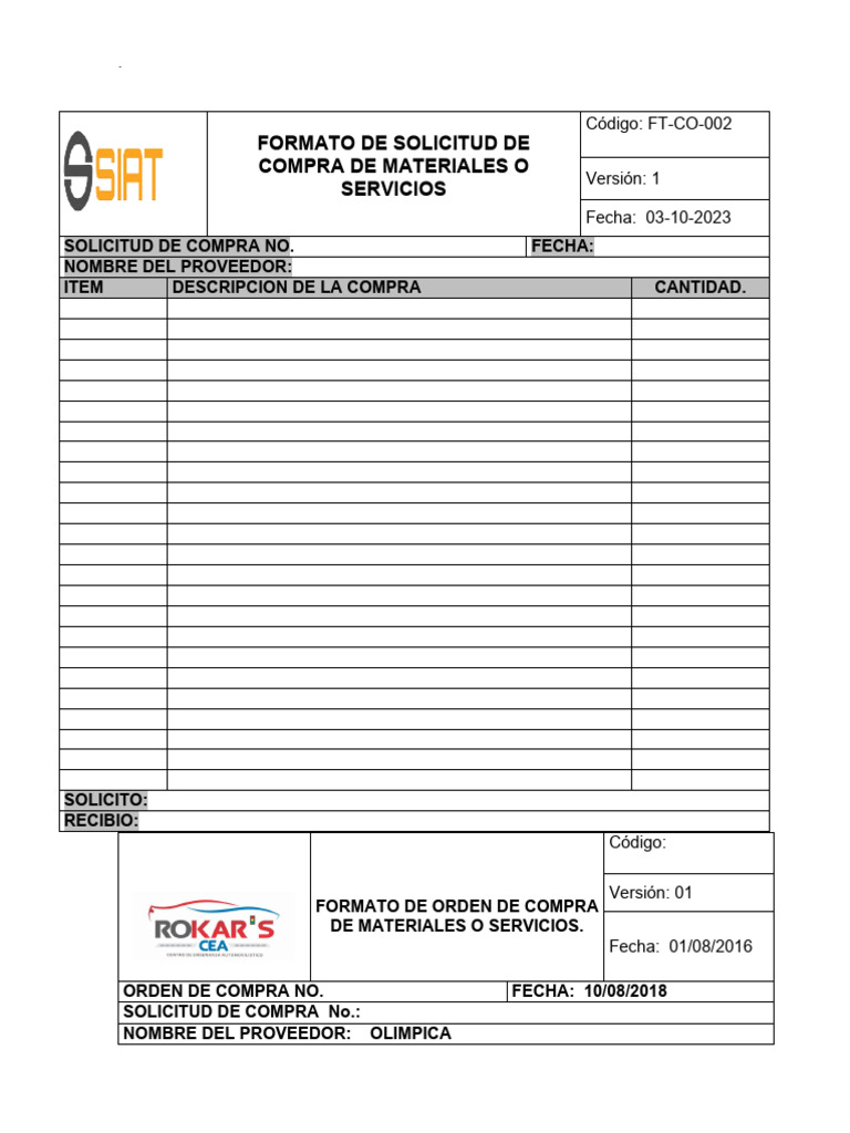 Ft-Co-002 Formato de Solicitud de Compra | PDF