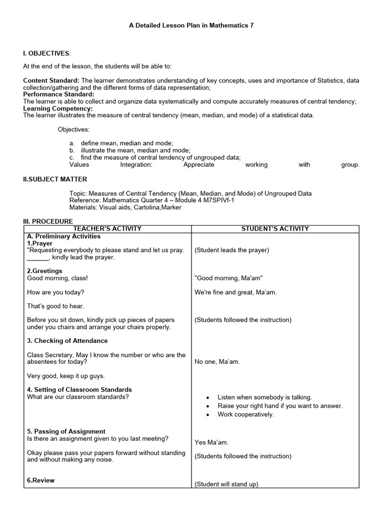 LESSON PLAN Final Docu | PDF | Mode (Statistics) | Mean