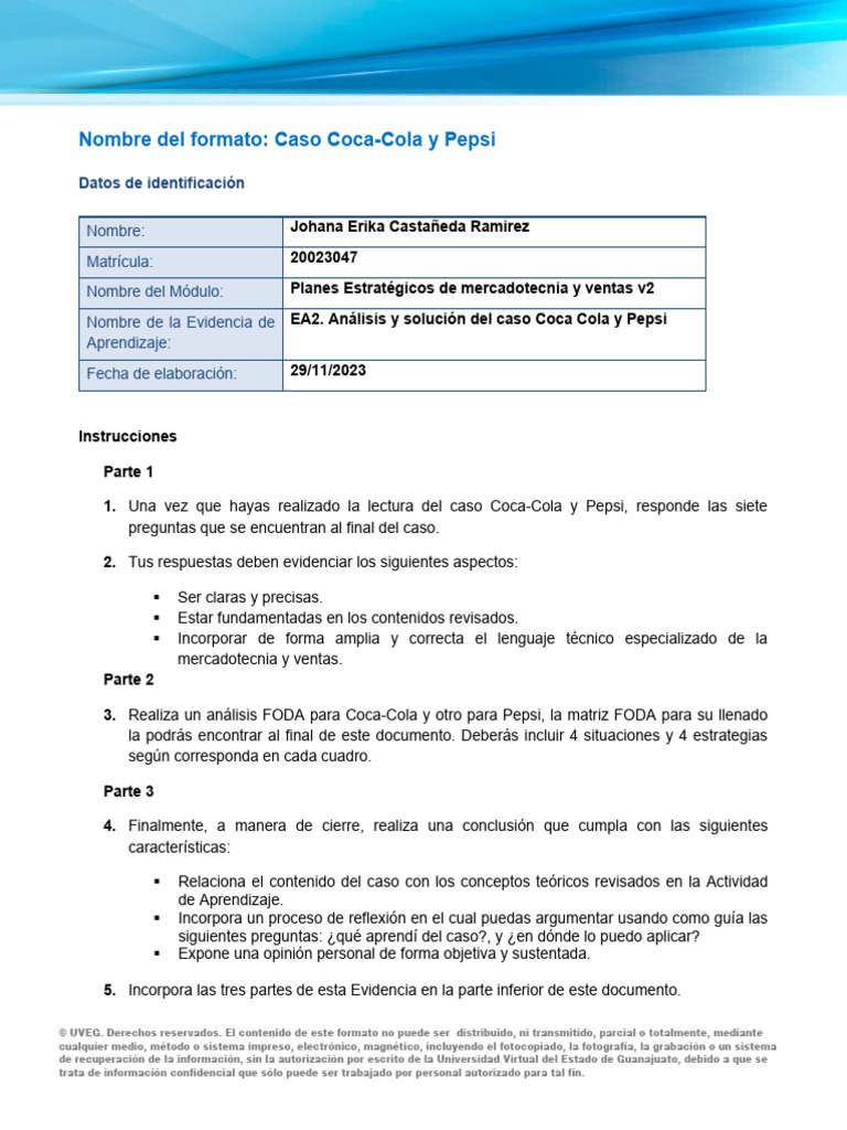 Castañeda JohanaErika Caso Coca-Cola y Pepsi | PDF | Coca Cola | Análisis FODA
