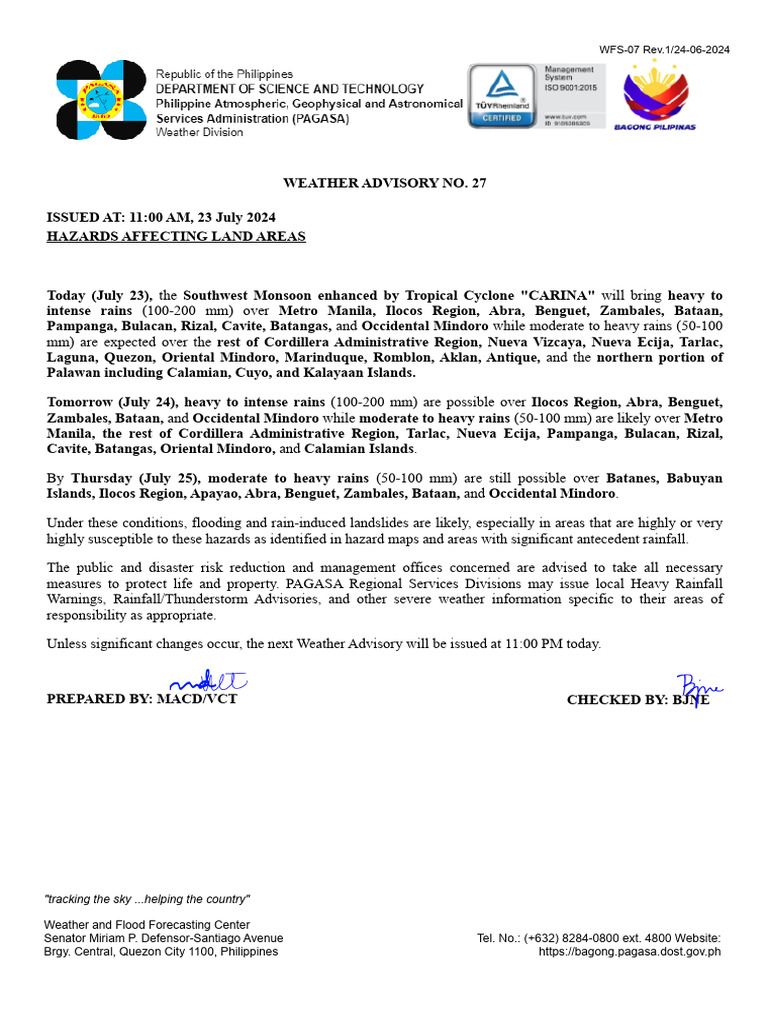 DOST PAGASA - Weather Advisory No 27 | PDF | Science & Mathematics