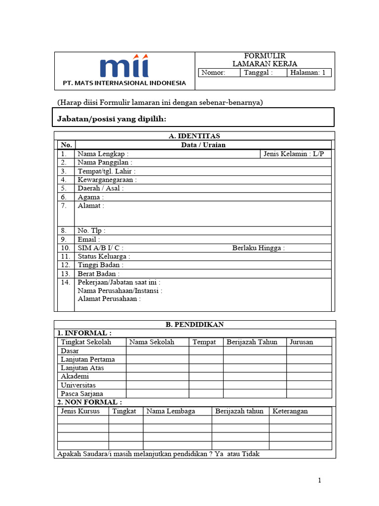 Form Lamaran Kerja Pt. Mii | PDF