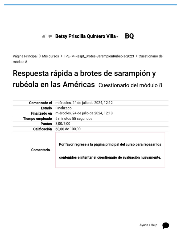 Cuestionario Del Módulo 8 - Revisión Del Intento - Campus PAHO | PDF | Virus | Sarampión