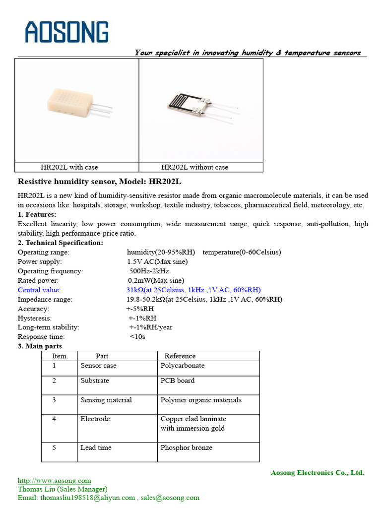hr202l Humidity Sensor Humidity Sensitive Resistor Datasheet | PDF ...
