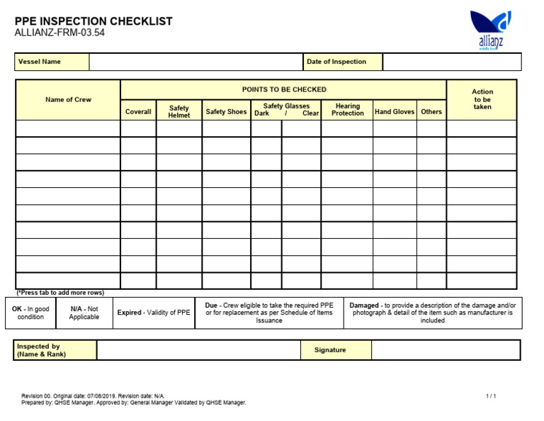 ALLIANZ-FRM-03.54 PPE Inspection Checklist | PDF