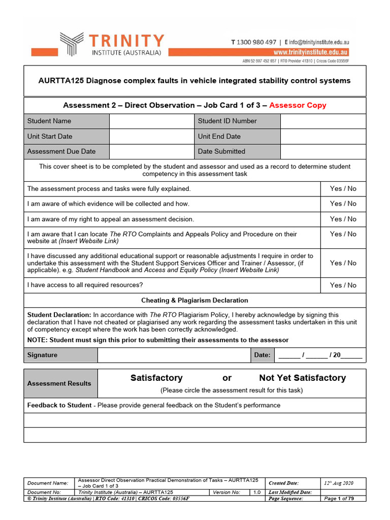 Assessment 2 Assessor Direct Observation Practical Demonstration AURTTA125 V2 (3) | PDF | Anti ...