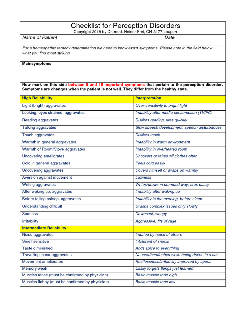Checklist Perception Disordes 2018 | PDF | Psychology | Diseases And Disorders