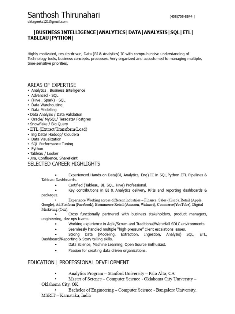 Santhosh Thirunahari Resume - Data Analyst - BI Engineer | PDF | Analytics | Information ...