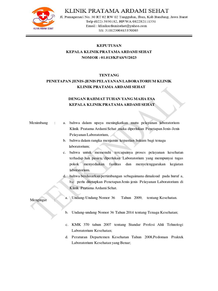 PKP 13.ep.1 SK Jenis-Jenis Pemeriksaan Laboratorium Klinik Ardami | PDF