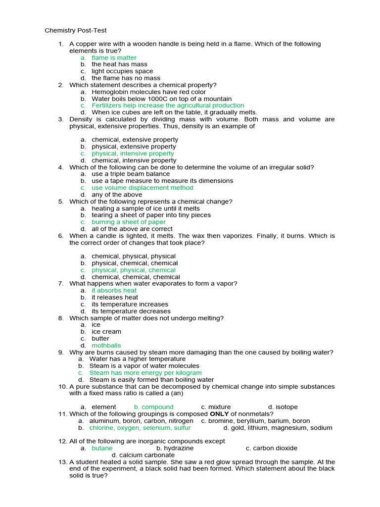 Answer Key Chemistry Post Test | PDF | Atoms | Chemical Bond