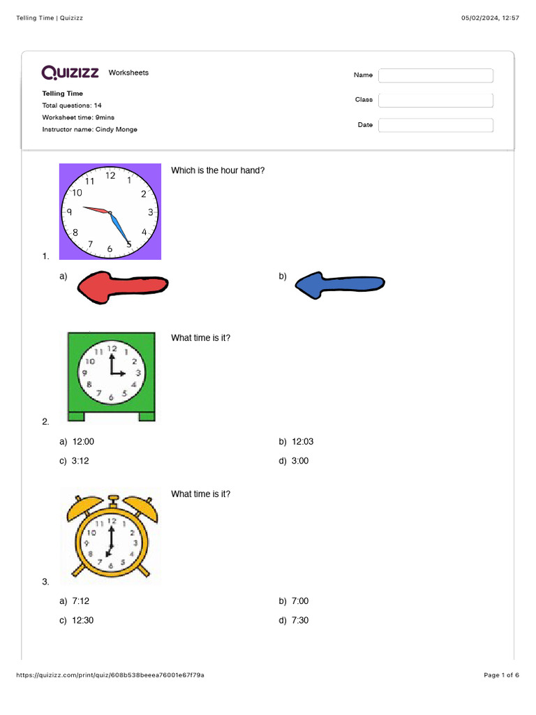 Telling Time - Quizizz | PDF