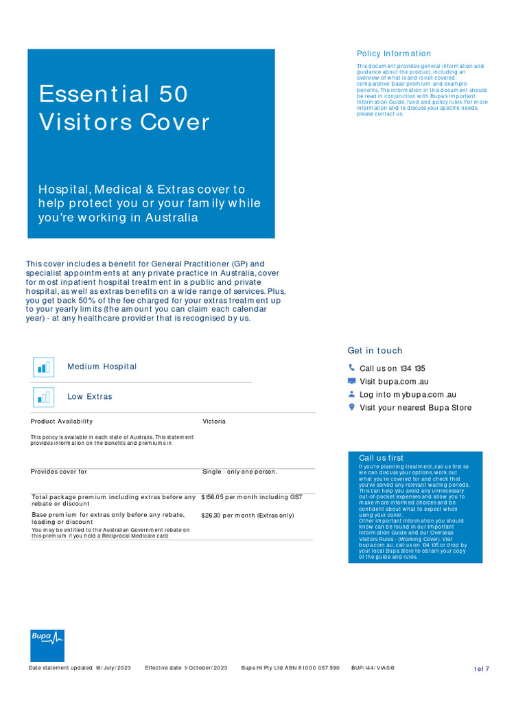 Essential 50 Visitors Health Cover | PDF | Hospital | Health Care