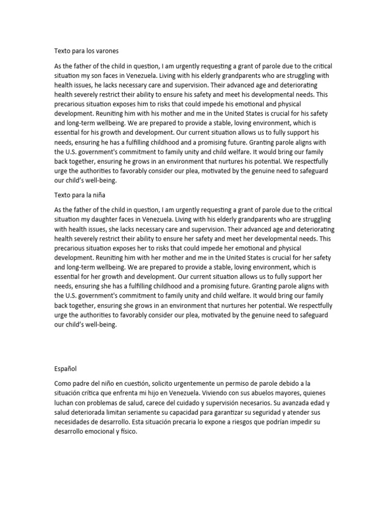 Texto de Solicitud para Parole Humanitario - Inglés | PDF | Well Being ...