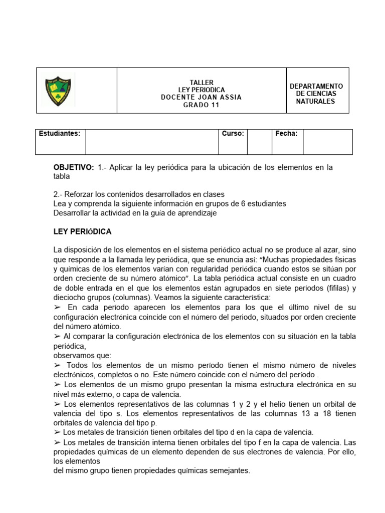 Taller sobre la Ley Periódica en Química | PDF | Tabla periódica ...