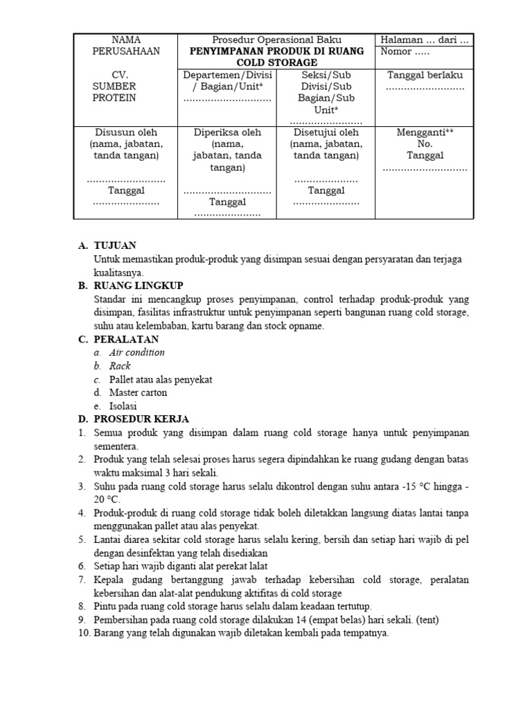 SOP Cold Storage | PDF