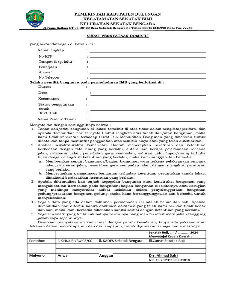 Surat Pernyataan Permohonan Imb | PDF