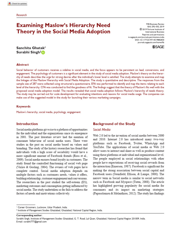 Examining Maslow's Hierarchy Need Theory in The Social Media Adoption | PDF | Social Media ...