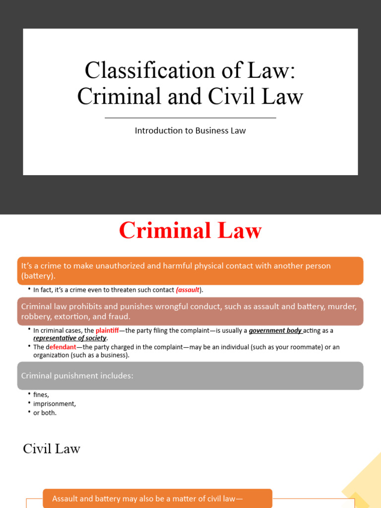 Classification of Law Intro To Business Law | PDF | Tort | Damages