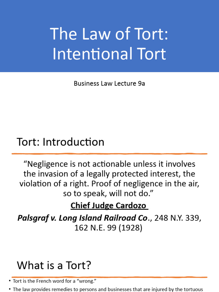 Lecture 9a Law of Tort Intentional Tort | PDF | Damages | Tort
